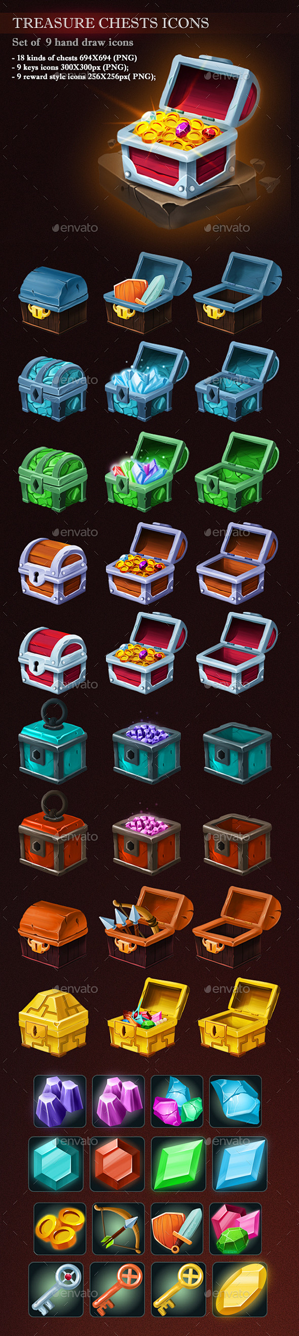宝箱图标-杂项游戏资产Treasure Chest Icons - Miscellaneous Game Assets2 d,箭,弓,盒子 ...