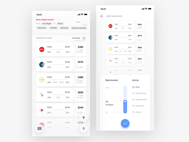Flight filter UI design simple clean interface simple white ai booking ...